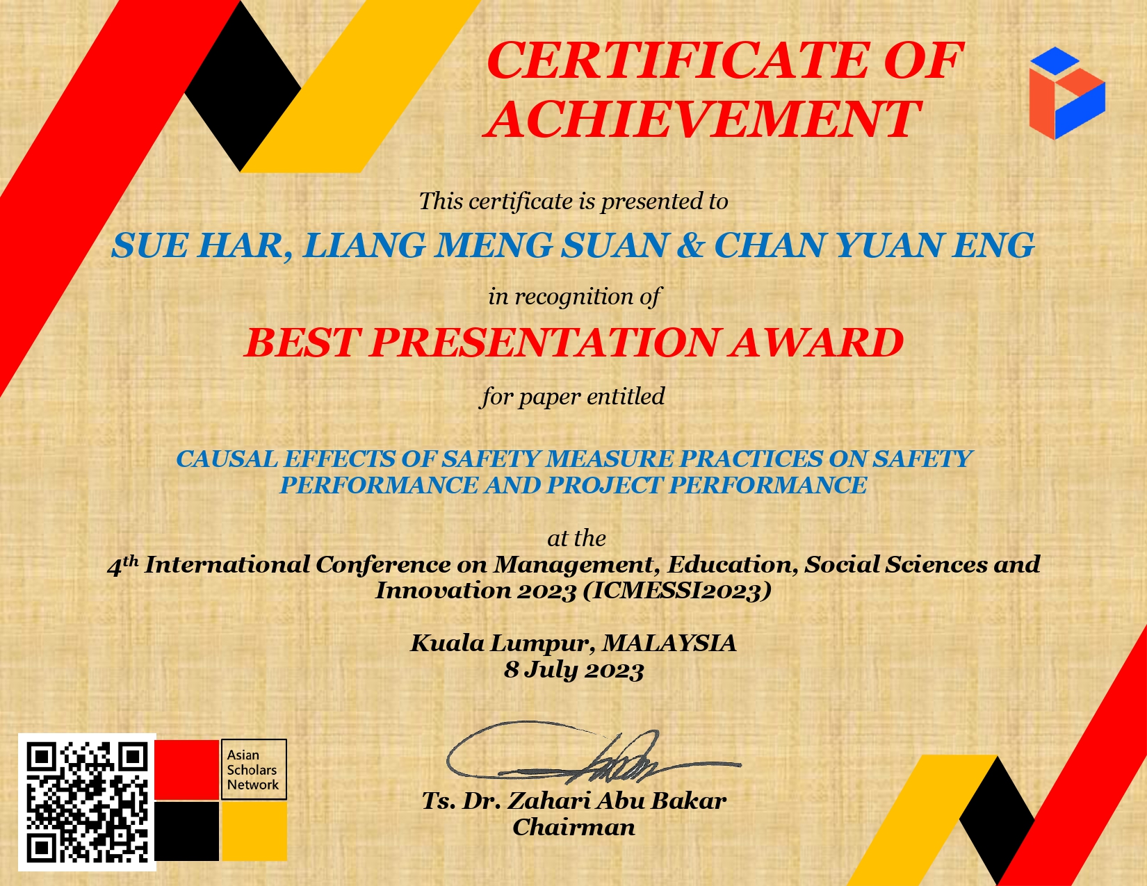 Sue’s certificate of achievement